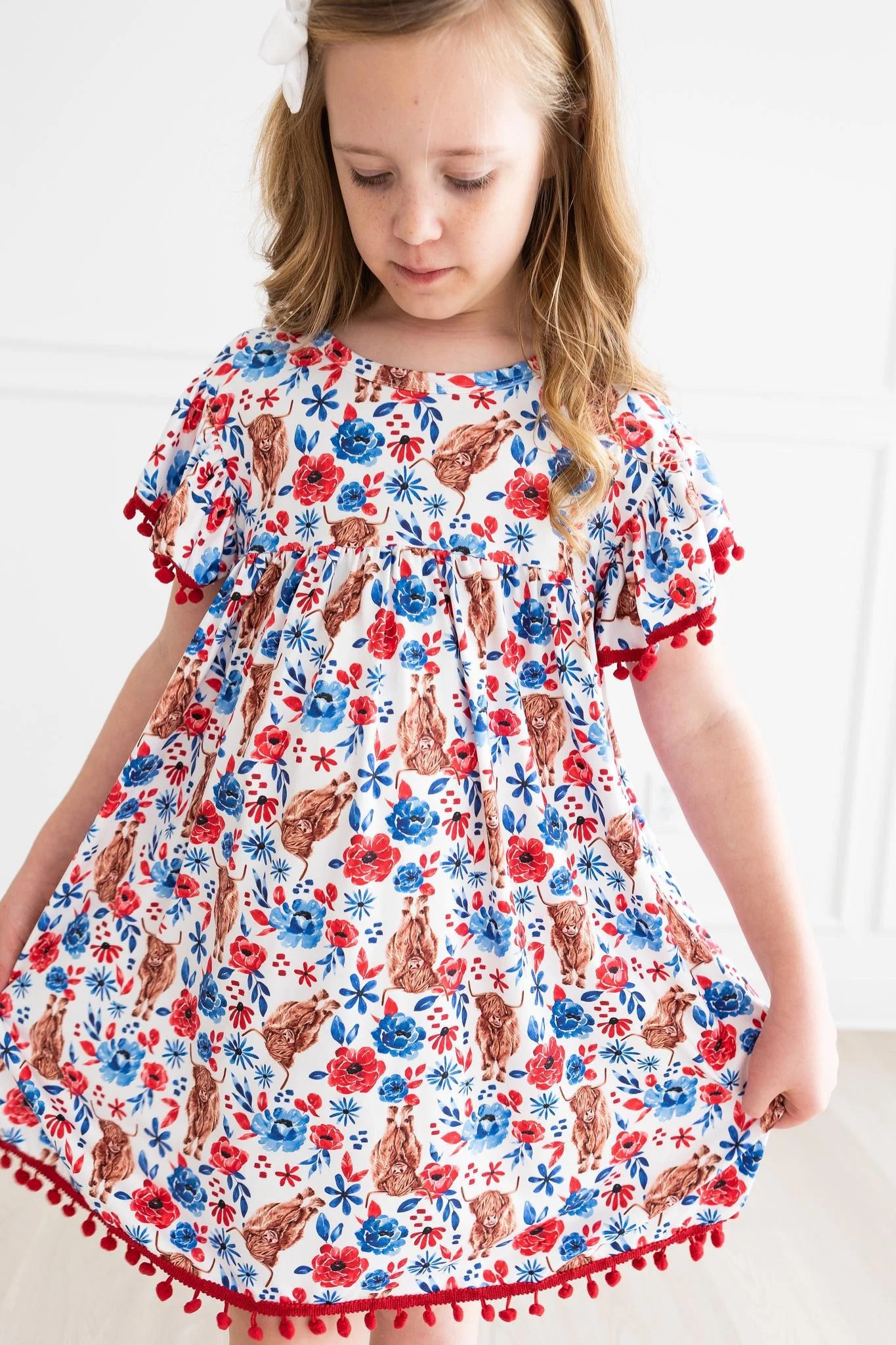 Girls Fluffy Cow Pompom Dress – The Purple Rose Boutique